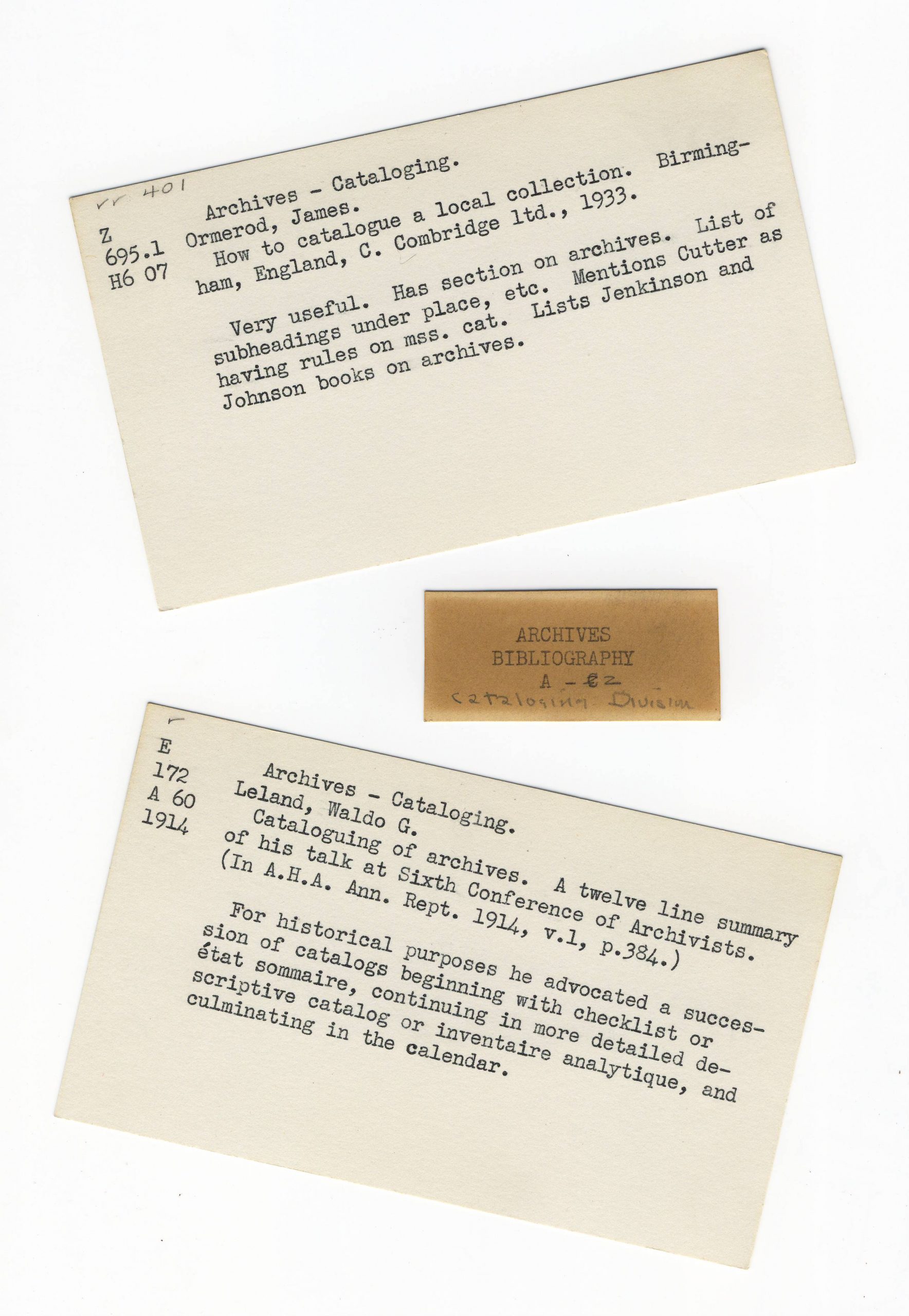Sample Cards from Archives Bibliography – RG 64, A1 37 – The Text Message