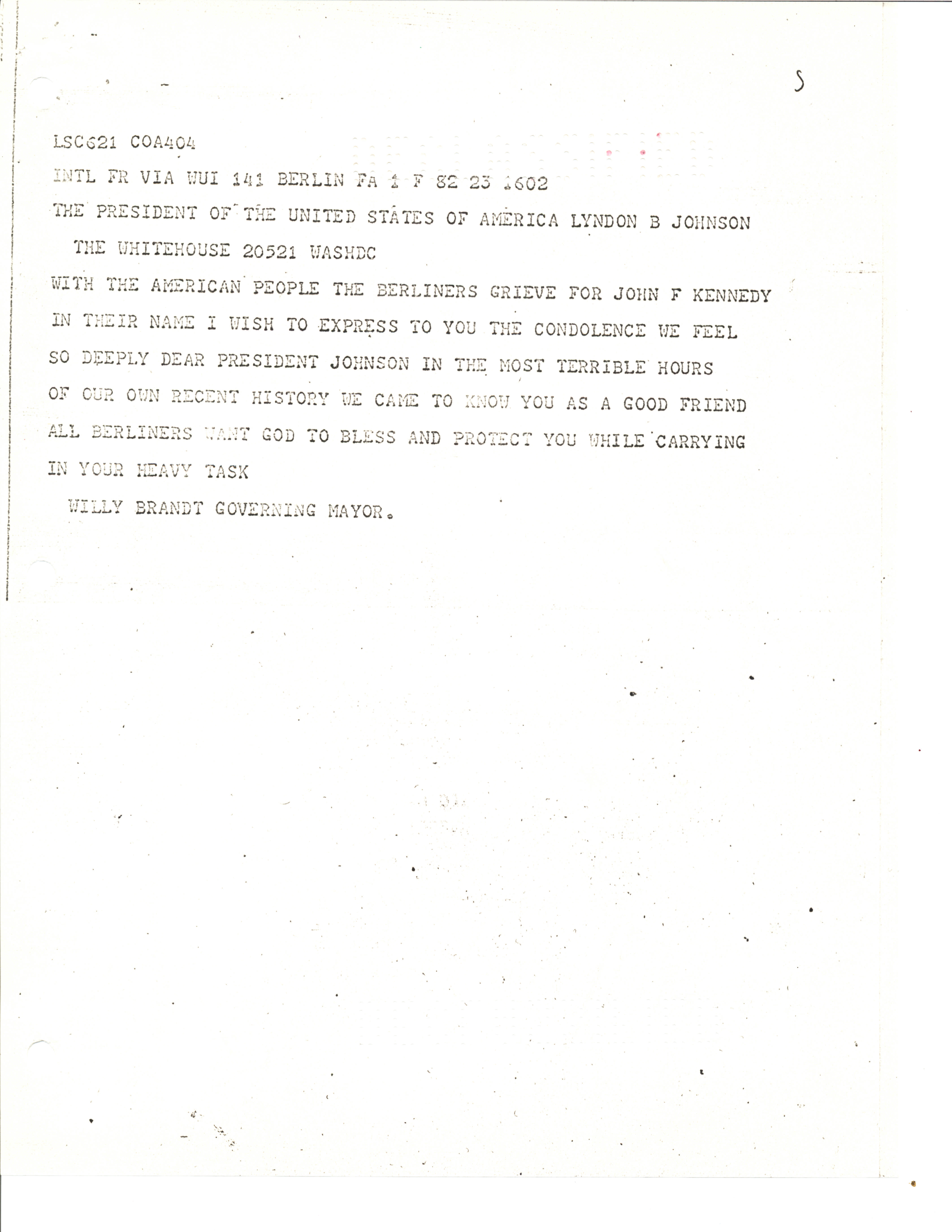 Berlin Reacts to the Assassination of John F. Kennedy – The Text Message