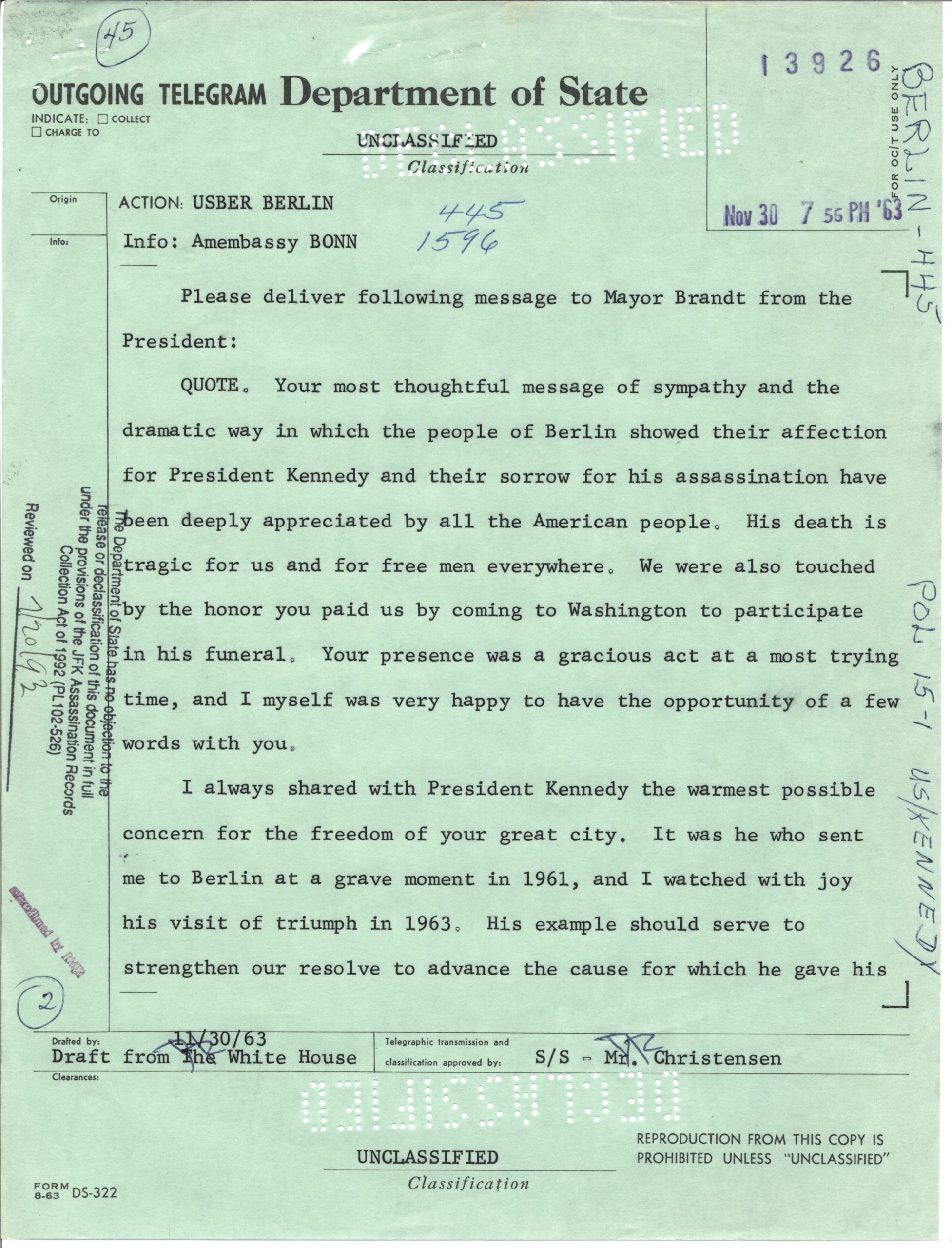 Berlin Reacts to the Assassination of John F. Kennedy – The Text Message