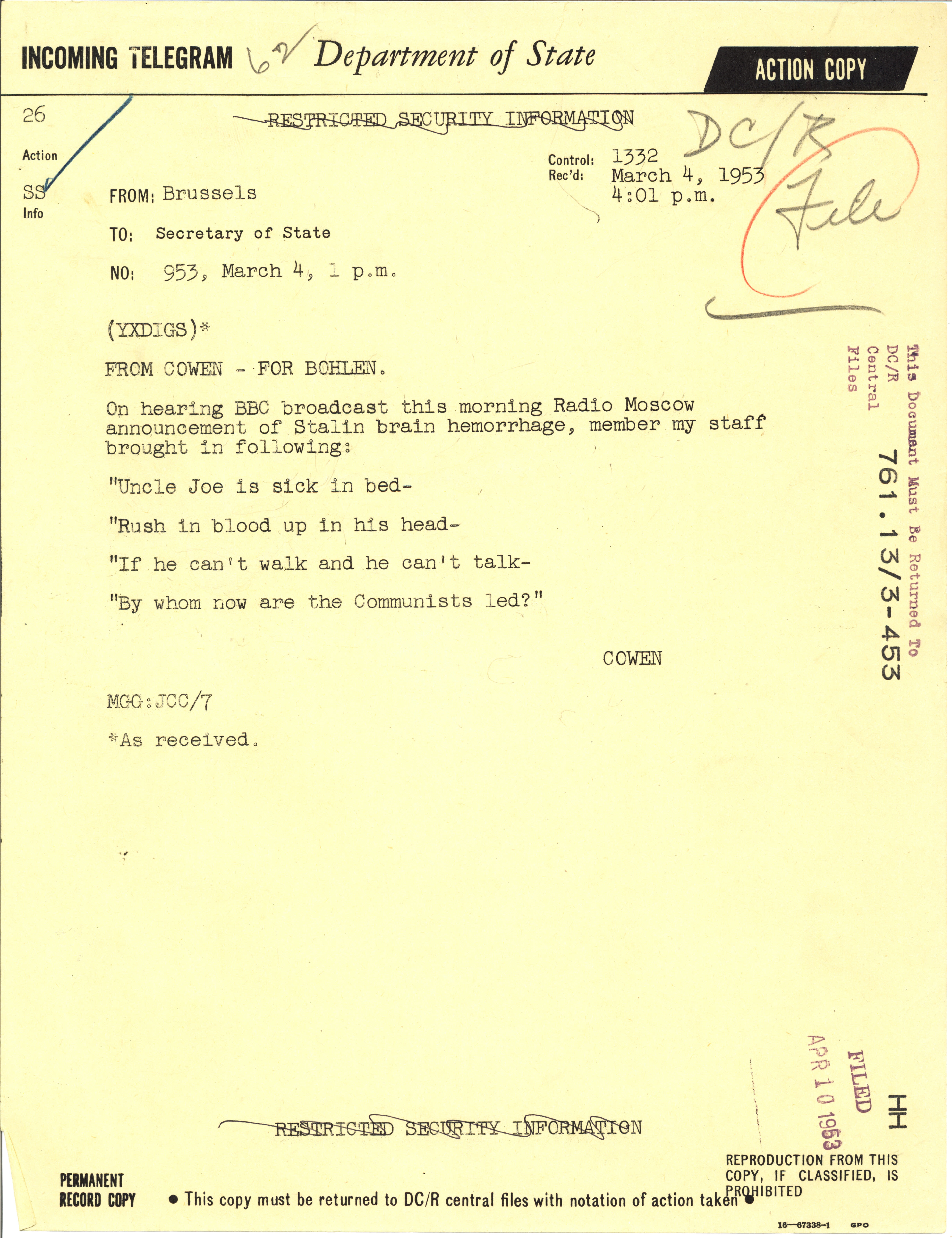 Cold War Humor, 1953 – The Text Message